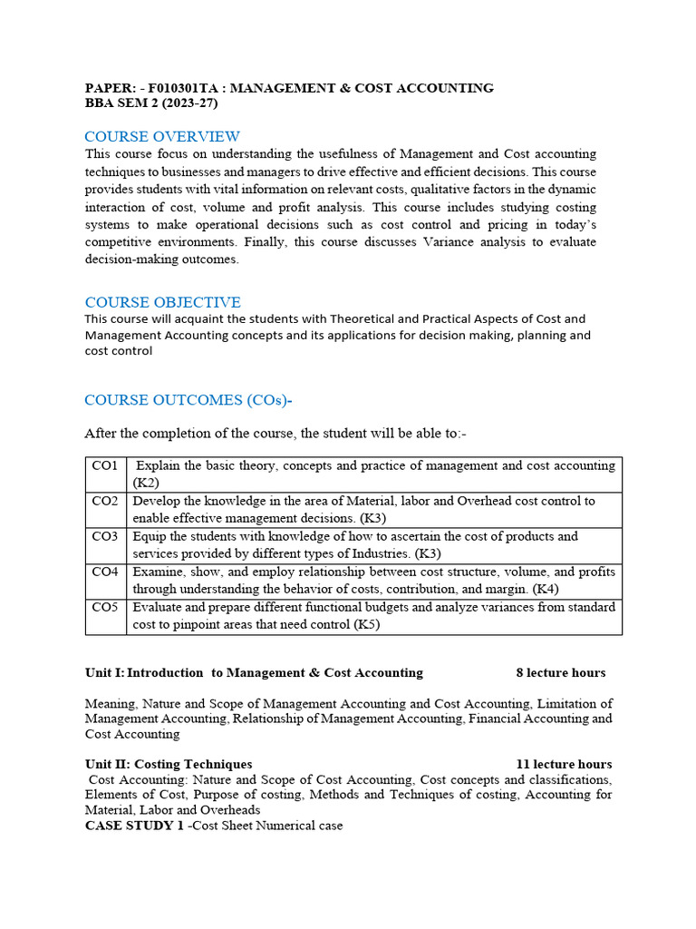 Management & Cost Accounting Course Guide | PDF | Cost Accounting ...