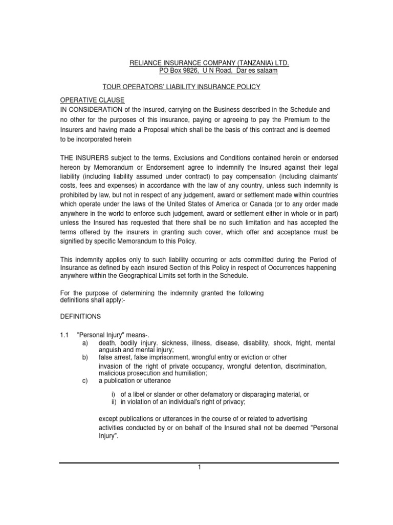 TOUR OPERATORS LIABILITY Policy | Download Free PDF | Indemnity ...