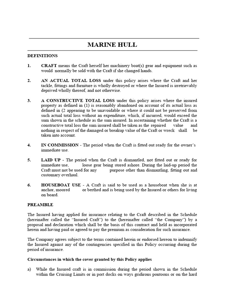 Marine Hull Insurance Policy Guide | PDF | Insurance | Indemnity