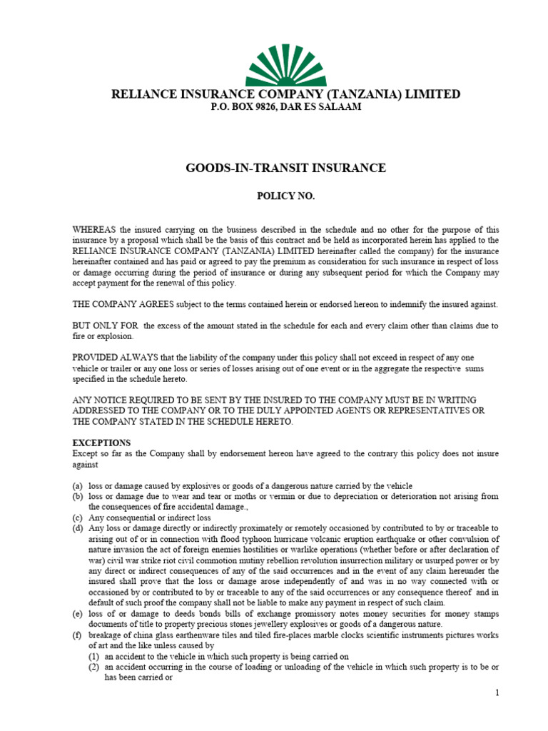 Goods in Transit-WORDINGS | PDF | Insurance | Underwriting