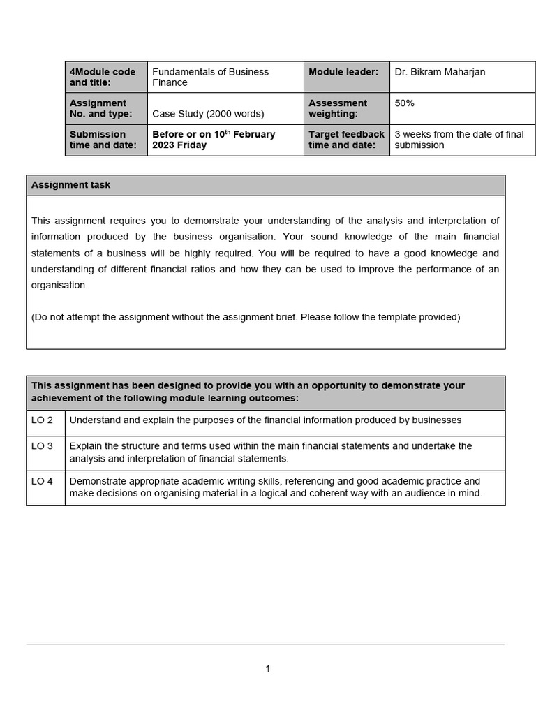 Assignment Brief - Case Study | PDF | Balance Sheet | Revenue