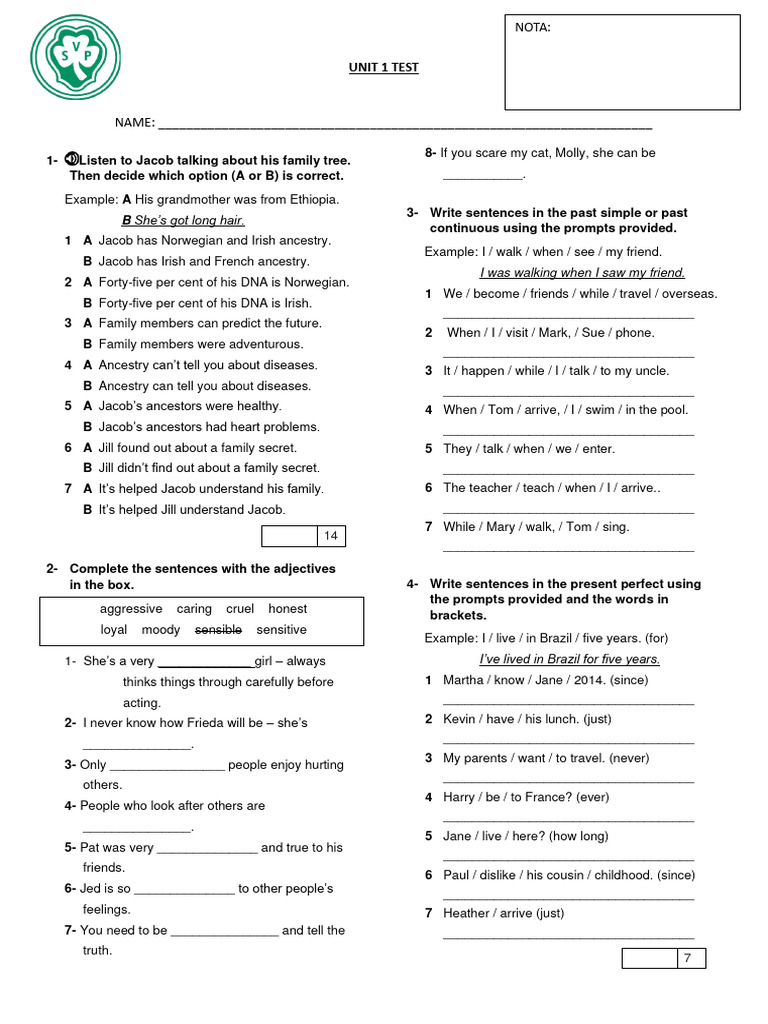 UNIT 1 TEST 7mo pallotti 2024 | PDF