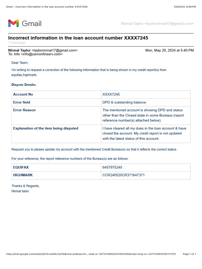 Loan Account Dispute Correction Request | PDF | Finance & Money Management