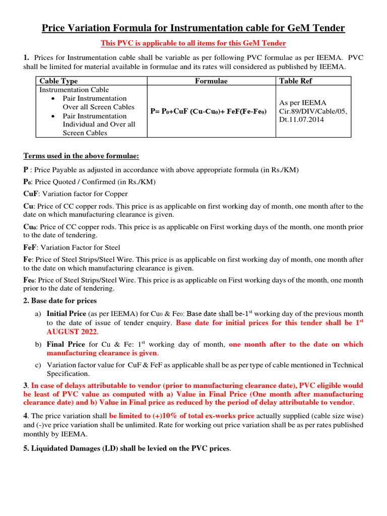 Price Variation Formula For Instrumentation Cable For Gem Tender | PDF ...