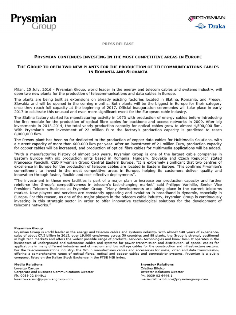 PR Prysmian-Group Slatina-e-Presov ENG | PDF | Telecommunications ...