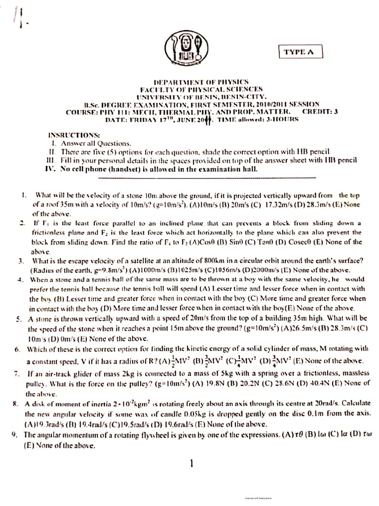 Phy111 PST QST | PDF