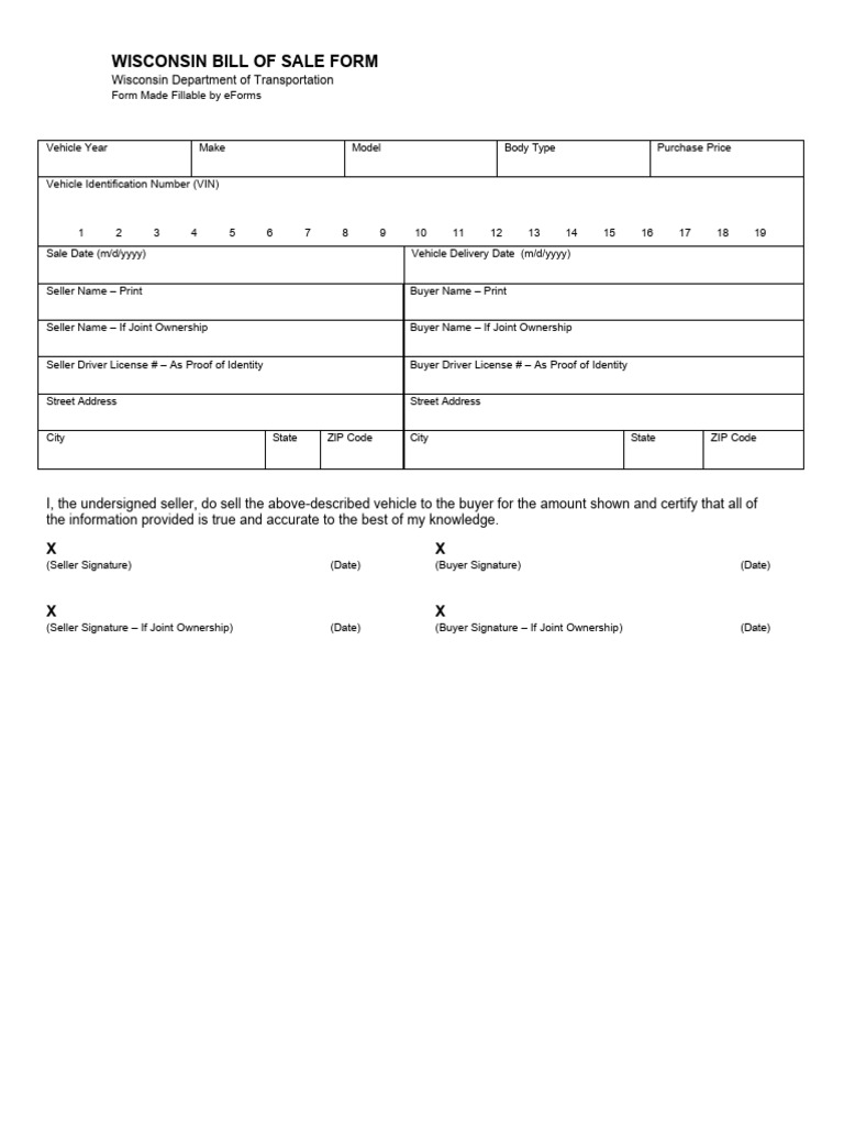 Wisconsin Motor Vehicle Bill of Sale Form | PDF