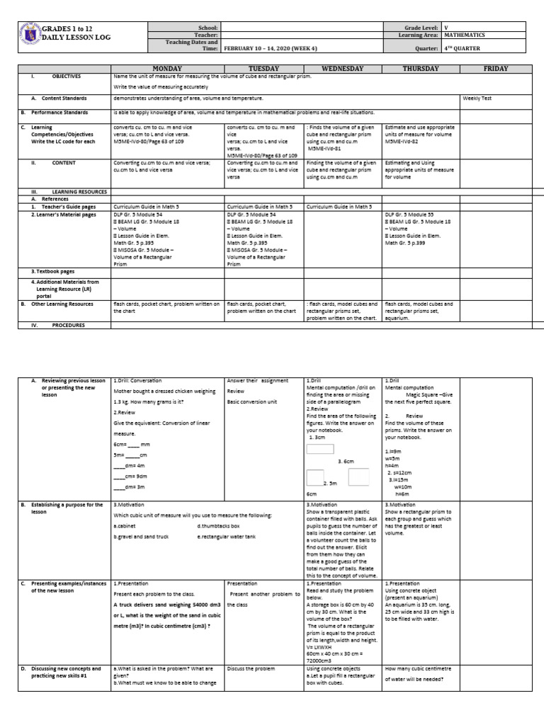 Grade 5 DLL Math 5 q4 Week 4 | PDF | Volume