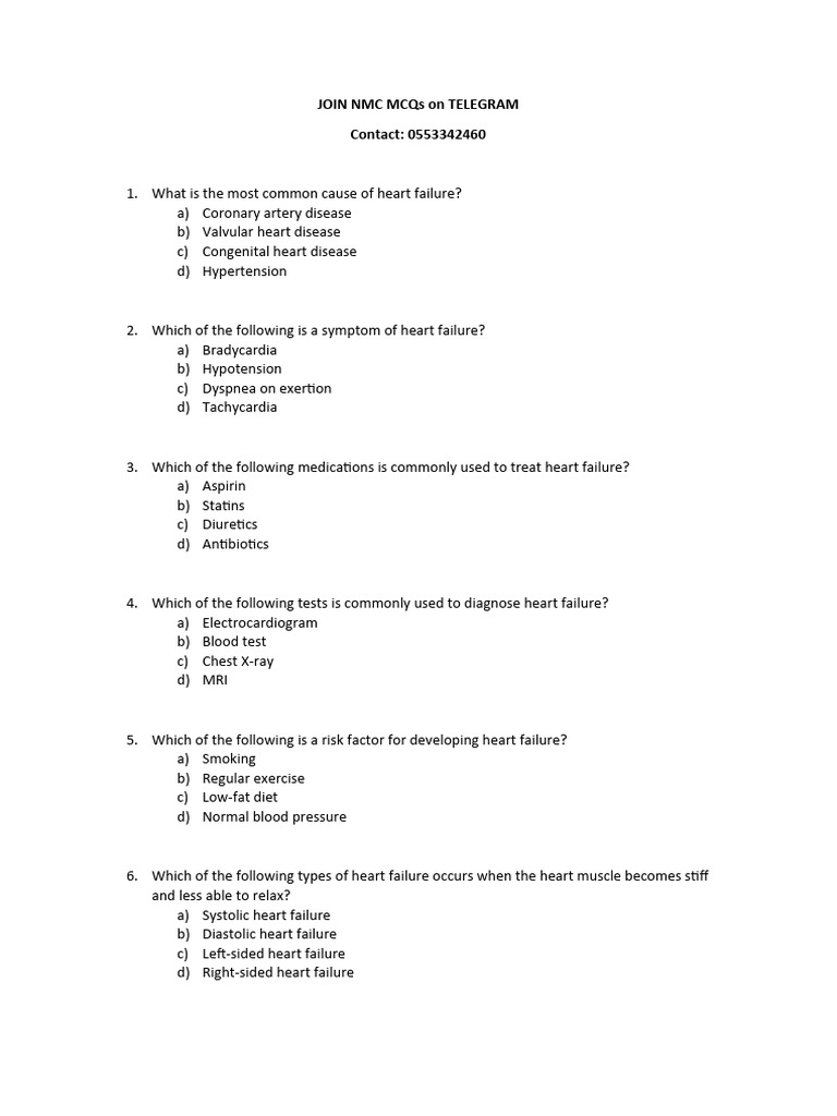 NMCMCQS ON TELEGRAM. Heart failure quiz | PDF | Myocardial Infarction ...