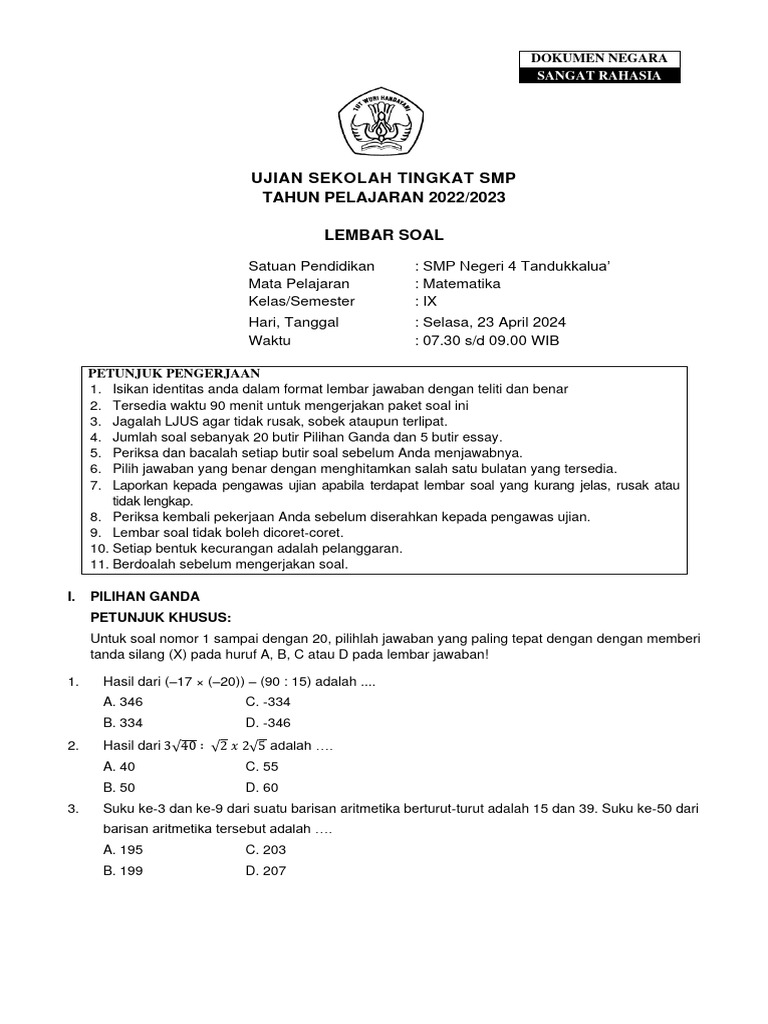Soal US MATEMATIKA Kls IX SMPN 4 | PDF