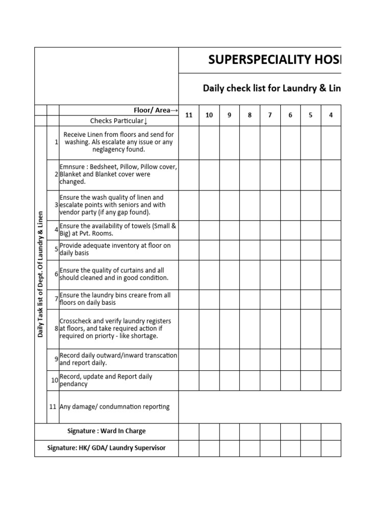 Daily Cleaning Checklist For Laundry Supervisor | PDF