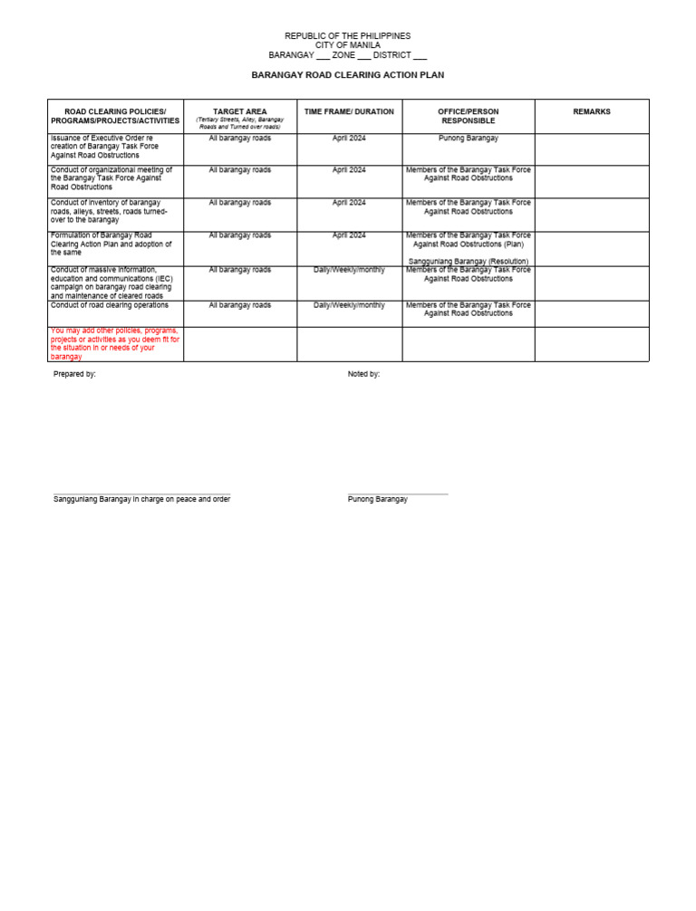 Barangay Road Clearing Action Plan | PDF