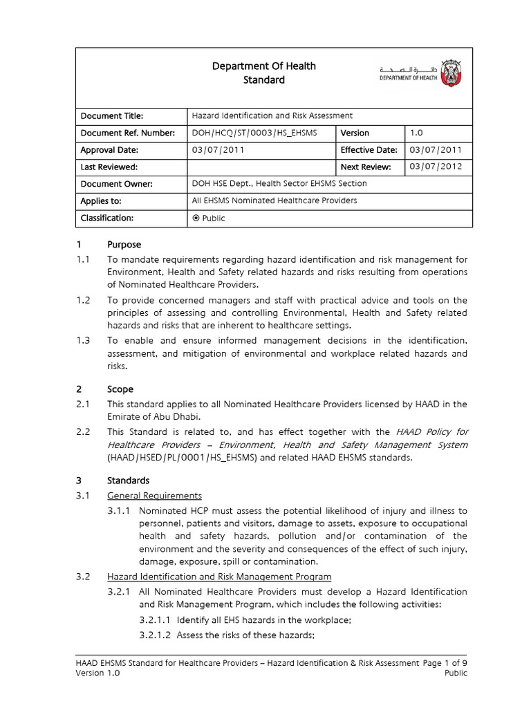 HAAD EHSMS Standard for HCPs 03 - Hazard Identification and Risk ... HAAD EHSMS Standard for HCPs 03 - Hazard Identification and Risk ...