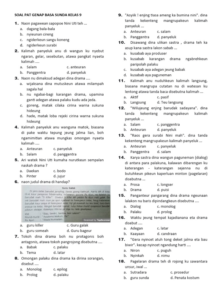 Soal Pat Genap Basa Sunda Kelas 9 | PDF | Seni & Disiplin Bahasa