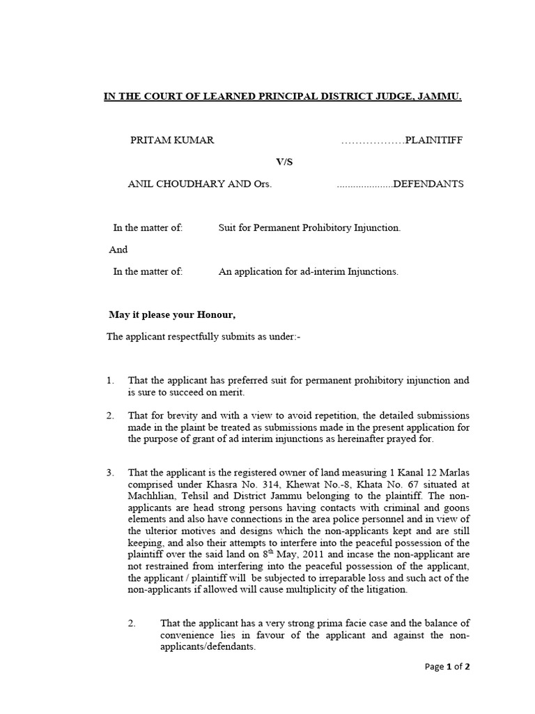 Permanent Injunction Suit in Jammu | PDF | Lawsuit | Injunction