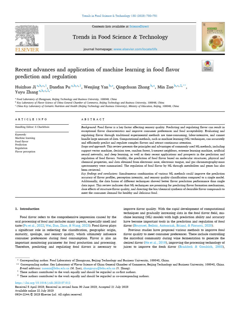 Recent Advances and Application of Machine Learning in Food Flavor ...