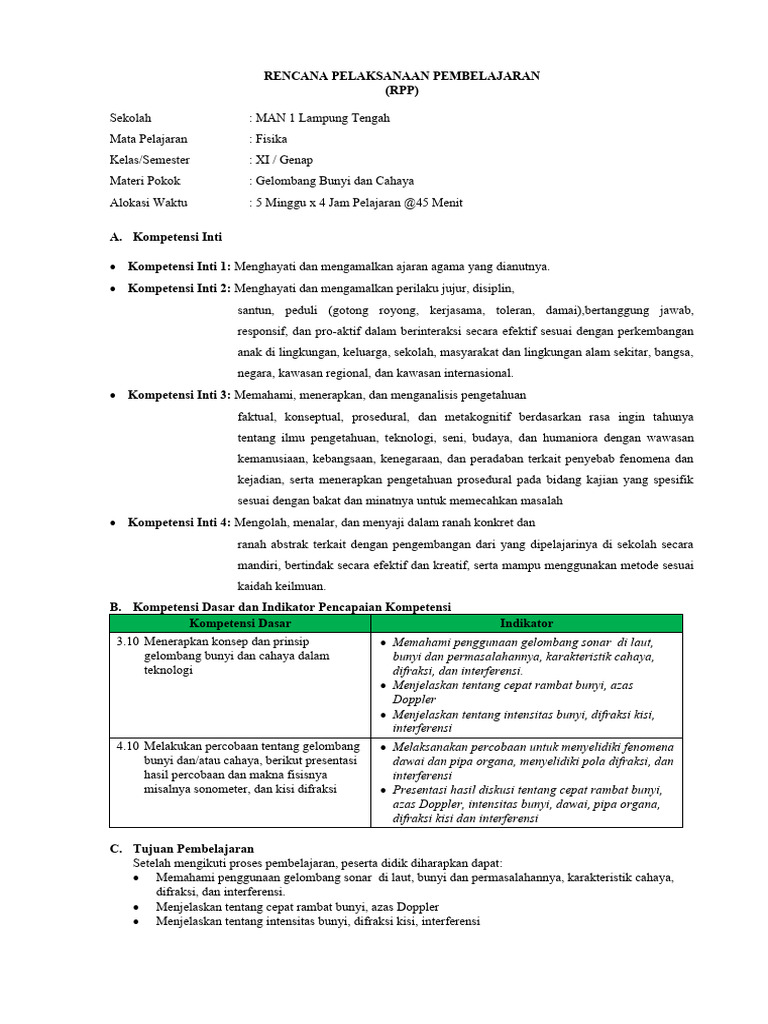 RPP Fisika XI: Gelombang Bunyi & Cahaya | PDF | Sains & Matematika