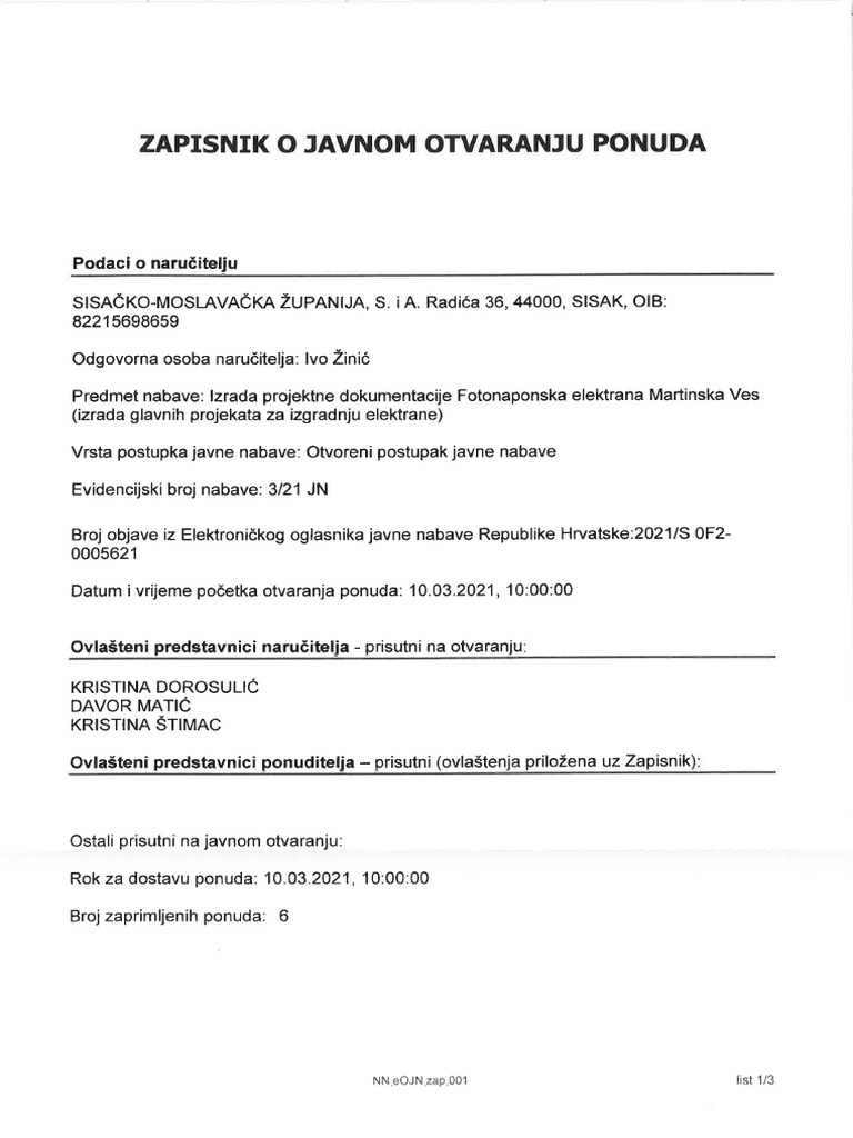 Zapisnik o Javnom Otvaranju Ponuda | PDF
