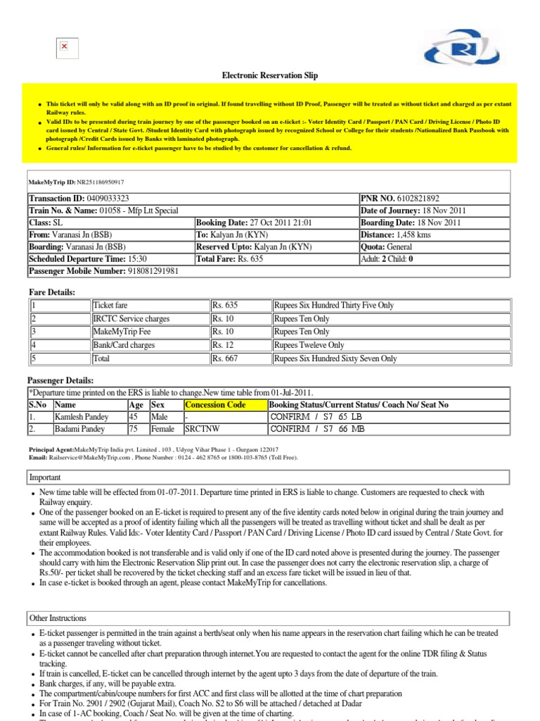 Rail E-Ticket NR251186950917 PNR 6102821892 BSB-KYN | PDF | Identity ...