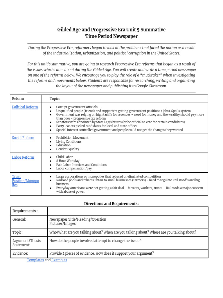 Unit 5 Gilded Age and Progressive Era Summative - Time Period Newspaper ...
