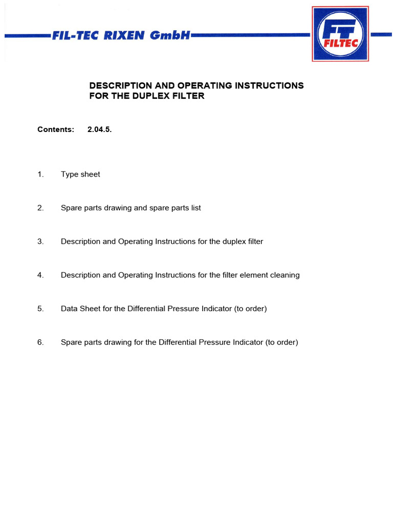 Duplex Filter | PDF | Valve | Filtration