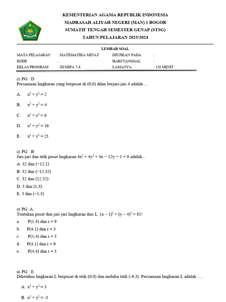 Soal STSG Matematika Minat Kelas Xi Mipa 7-8 Bu Lisda | PDF