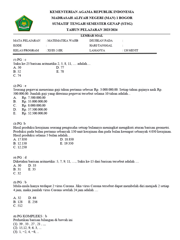 Soal Sts Semester Genap MTK Wajib Xi Ips 2 Dan Itik Bu Lisda | PDF