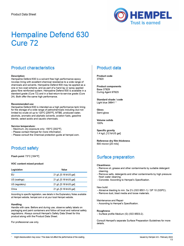 Hempaline Defend 630 Cure 72 | PDF | Epoxy | Humidity