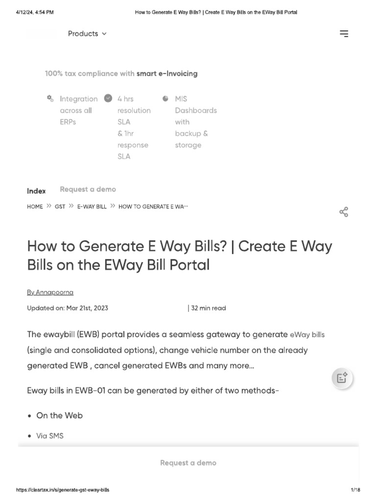 How To Generate E Way Bills - Create E Way Bills On The EWay Bill Portal | PDF