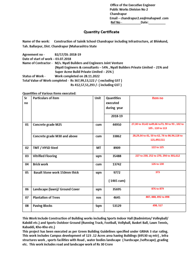 Quantity Certificate Civil Works | PDF