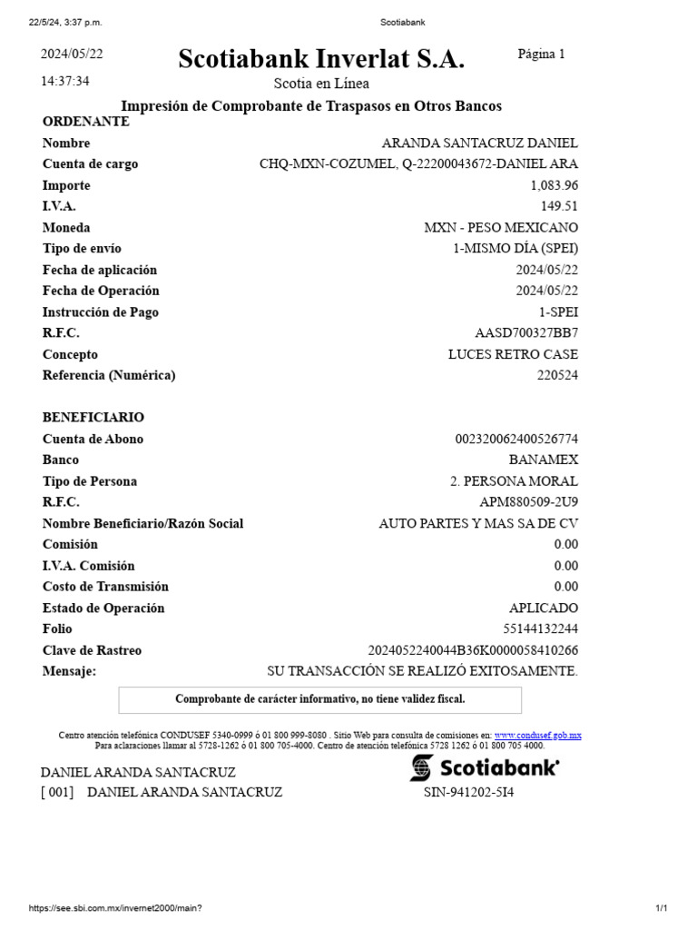Scotiabank Inverlat S.A.: Impresión de Comprobante de Traspasos en ...
