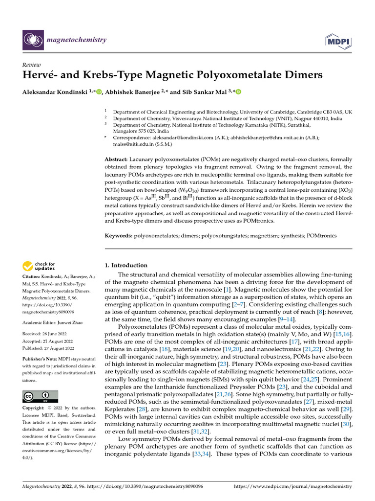 Hervé- and Krebs-Type Magnetic Polyoxometalate Dimers | PDF | Coordination Complex | Atoms