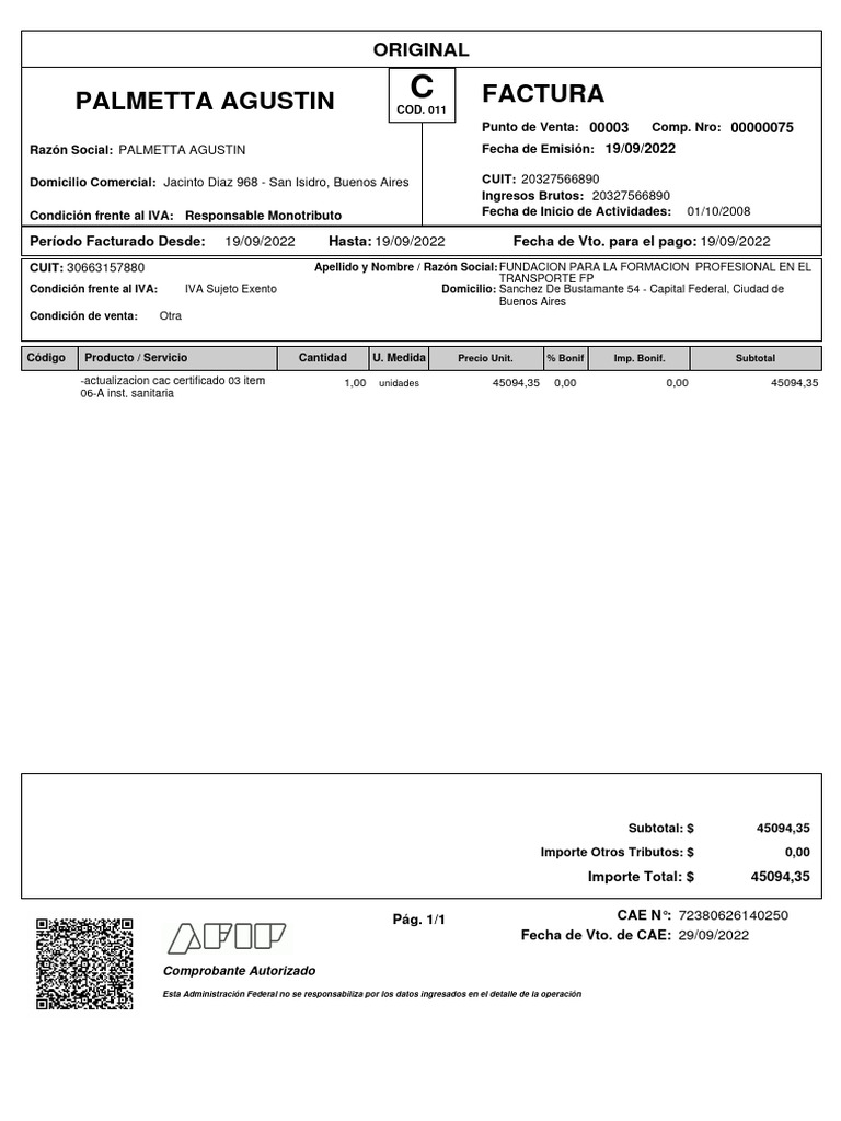 15 - FAC PALMETTA AGUSTIN 75obra Taller 1 y 2 - Actualizacion Cac Certif 03 Item 06-A | PDF
