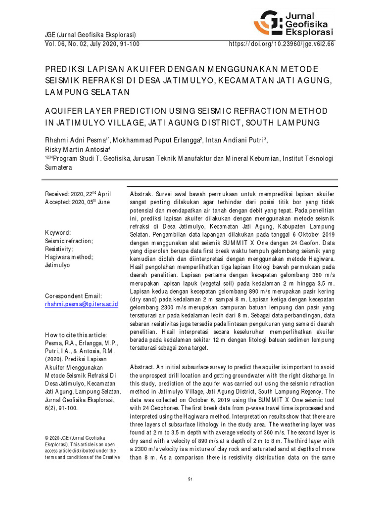 JGE (Jurnal Geofisika Eksplorasi) Vol. 06, No. 02, July 2020, 91-100 | PDF | Ilmu Sosial | Sains ...