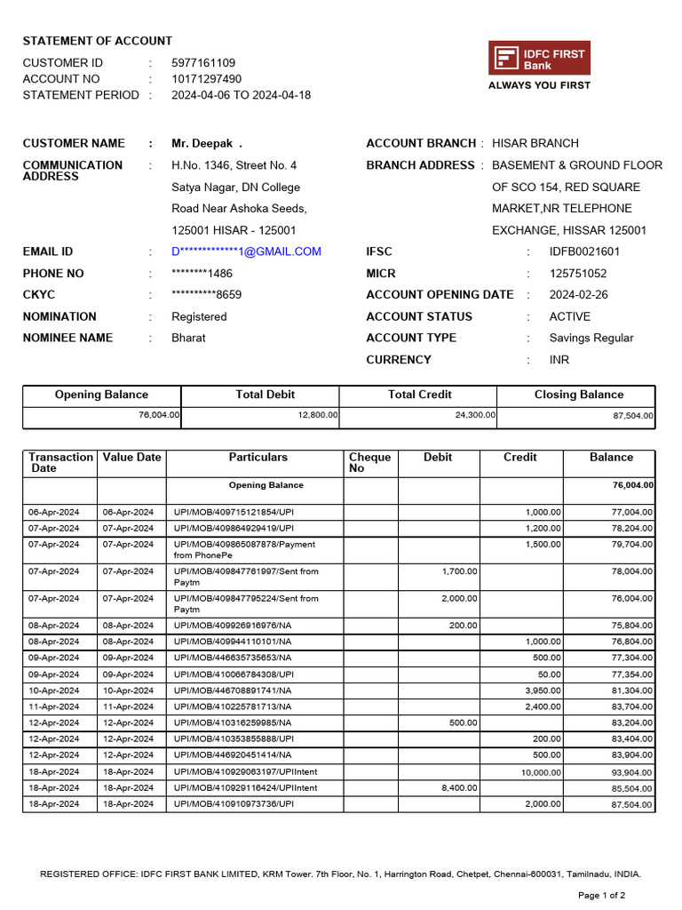 IDFCFIRSTBankstatement 10171297490 105245498 | PDF | Automated Teller Machine | Cheque