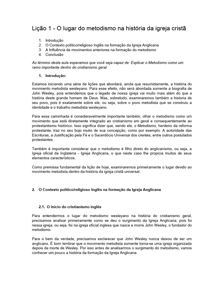 Lição 1 - O Lugar Do Metodismo Na História Da Igreja Cristã | PDF ...
