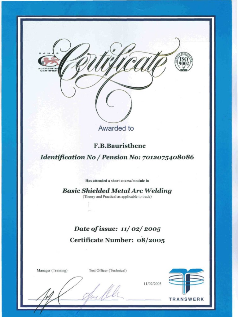 Welding Certificate - F.B. Bauristhene | PDF
