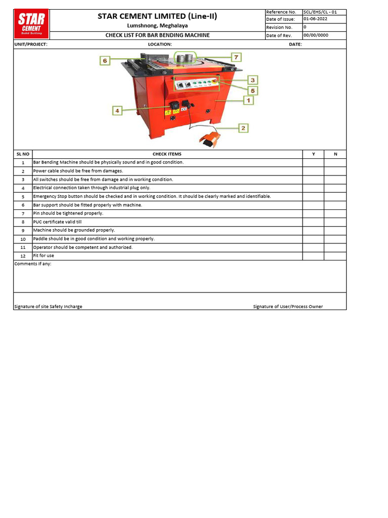 Bar Bending Machine Safety Checklist | PDF