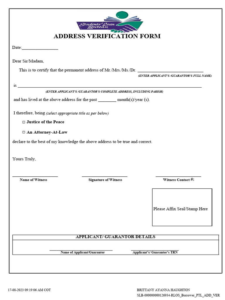 Address Verification Form Template | PDF | Law