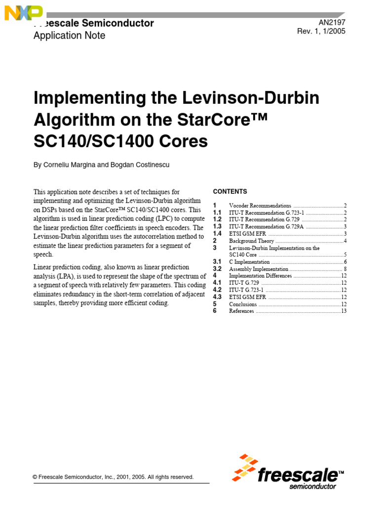AN2197 - Implementing The Levinson-Durbin Algorithm On The StarCore SC140 - SC1400 Cores | PDF ...