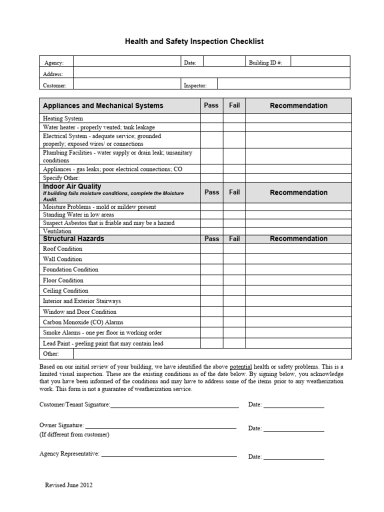 Health and Safety Inspection Checklist | PDF | Basement | Building ...