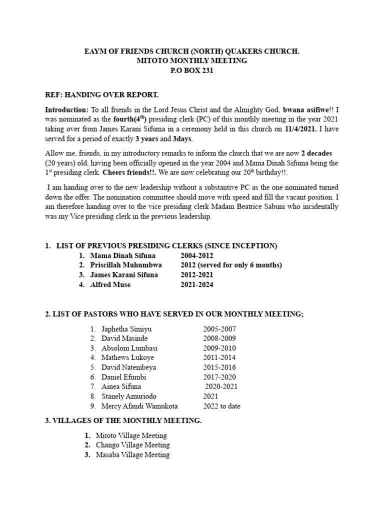 Friends Church Handing Over | PDF