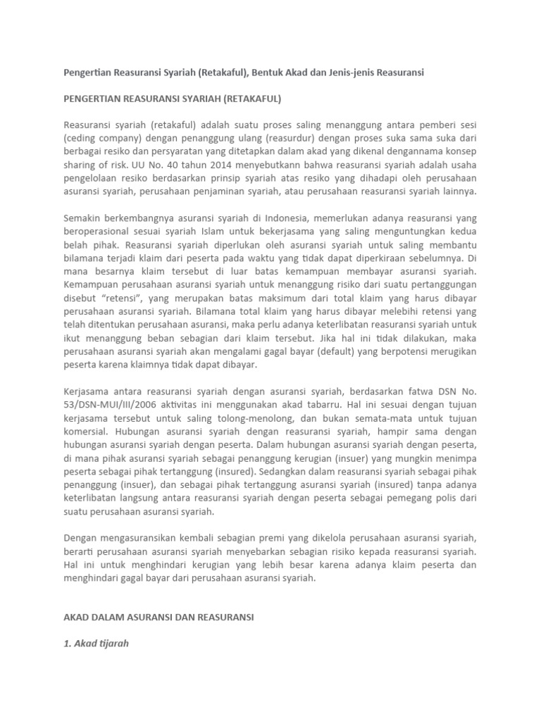 Reasuransi Syariah: Pengertian dan Jenis | PDF