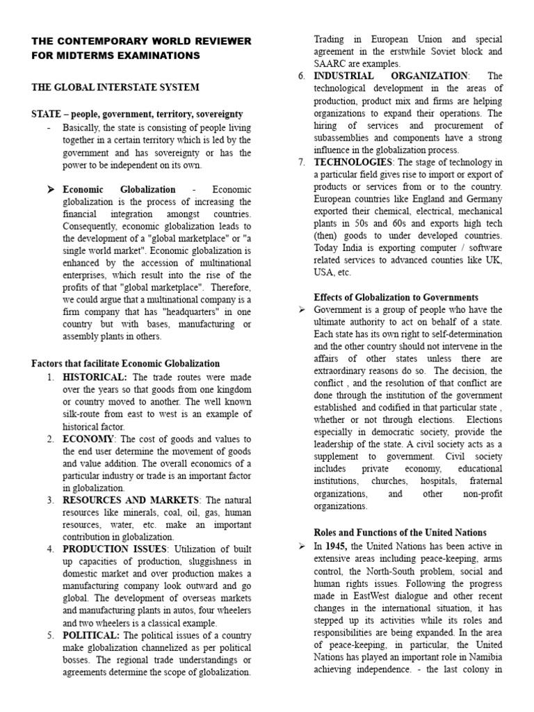 THE CONTEMPORARY WORLD Reviewer Midterms - VTNGCL | PDF | Globalization ...