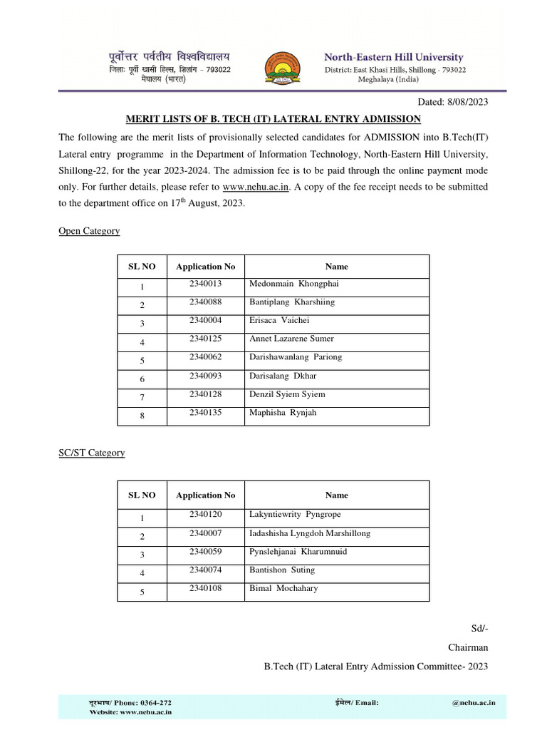 B.Tech IT Lateral Entry Merit List 2023 | PDF