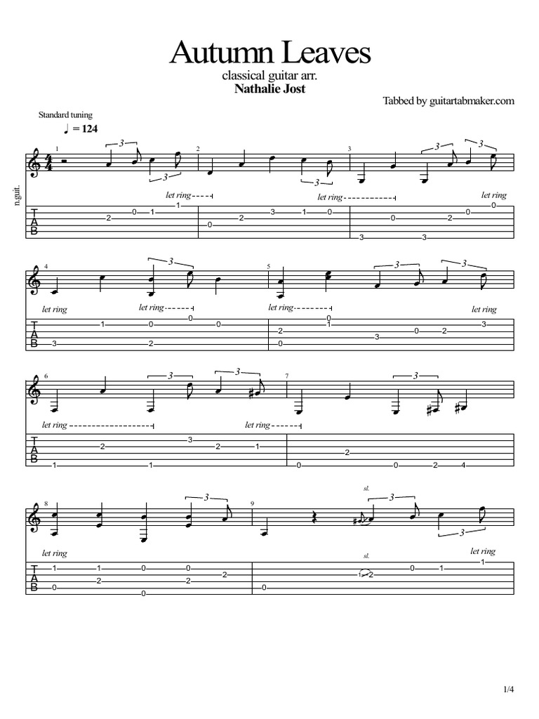 Classical Guitar Tab: Autumn Leaves | PDF | Guitar Family Instruments ...