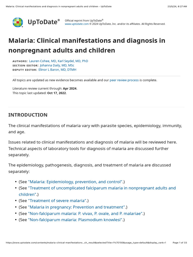 Malaria: Clinical Manifestations Overview | PDF | Malaria | Plasmodium ...