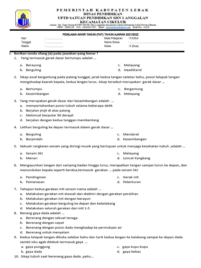 Soal PAT PJOK Kelas 2 2021-2022 | PDF
