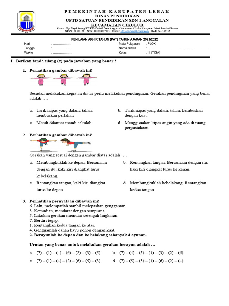 Soal PAT PJOK Kelas 3 2021-2022 | PDF