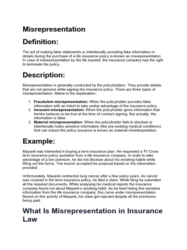 Misrepresentation | PDF | Insurance | Misrepresentation Misrepresentation | PDF | Insurance | Misrepresentation